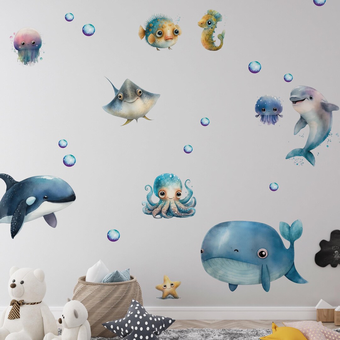 Ocean Animals Wall Decal for Kids and Nursery, Sea Animals Wall Decal ...