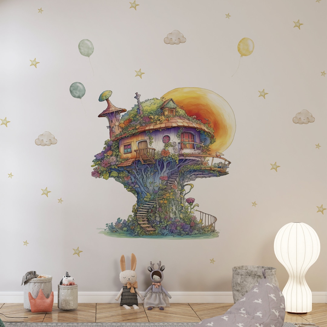 Tree House Wall Decal, Forest Tree House Sticker, Watercolor Nursery ...