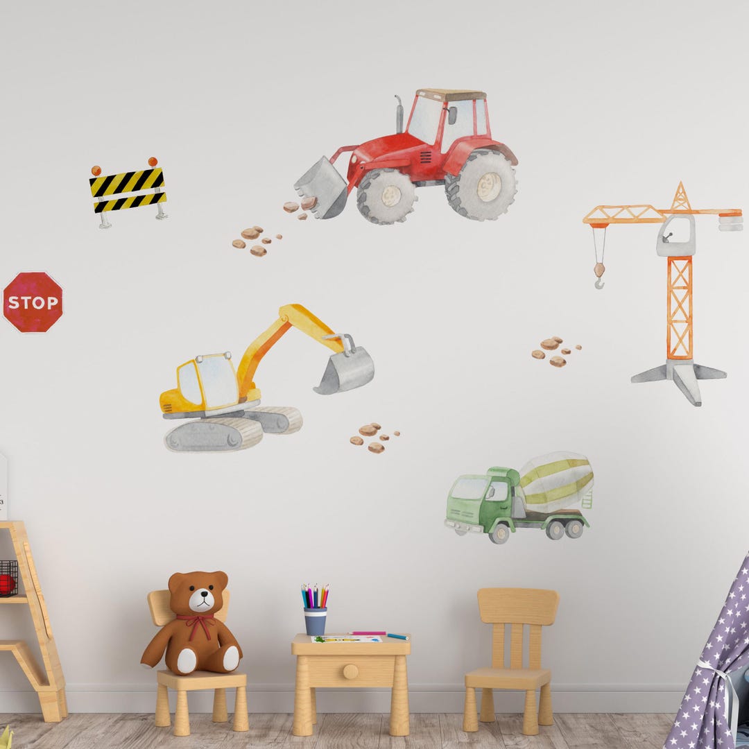 Construction Vehicle Wall Decals, Excavator, Crane, Tractor & Cement ...