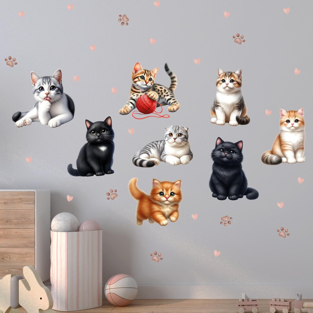 Cartoon Kitten Wall Decals Cute Kawaii Cat Vinyl Stickers Playful Kitty ...