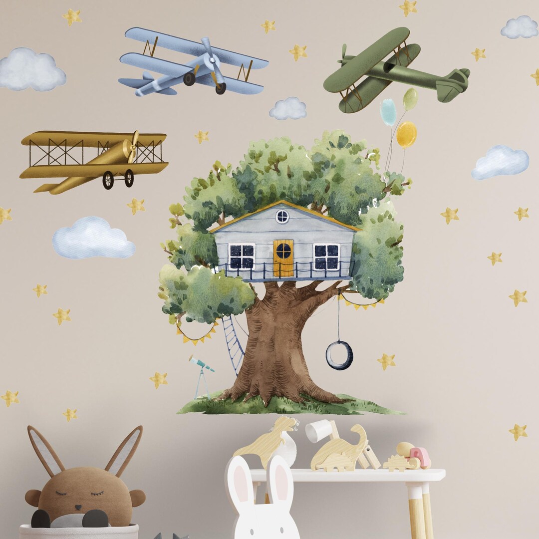 Treehouse Wall Stickers With Airplanes, Kids Watercolour Tree House ...
