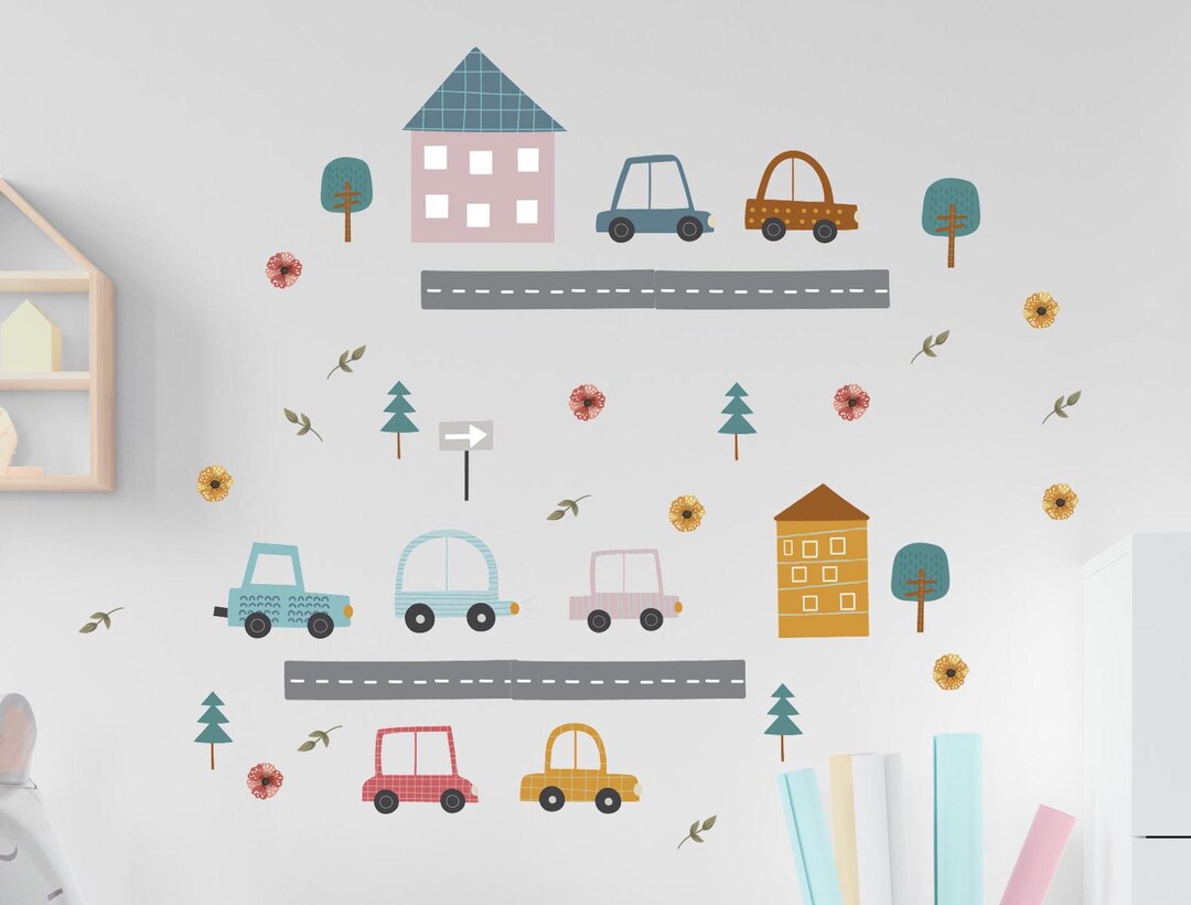 City Road Wall Decals for Kids - Cars, Houses, Roads, and Trees ...