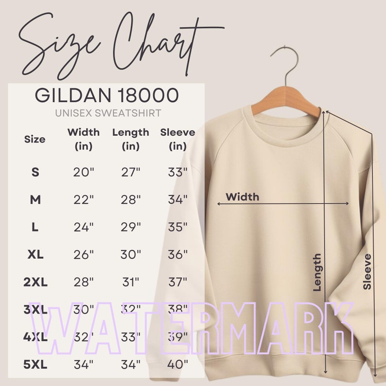 Gildan 18000 Mockup and Size Chart Download, Print on Demand, Female ...