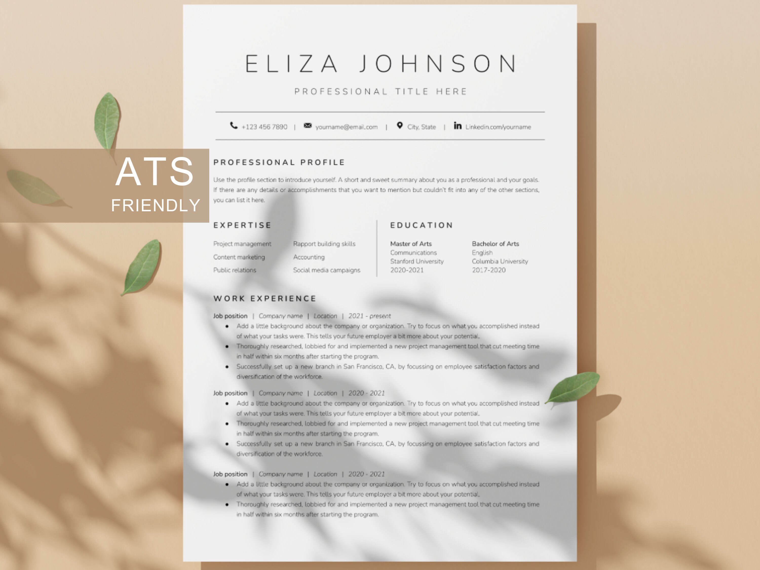ATS Friendly Resume Template for Google Docs Word and Pages - Etsy