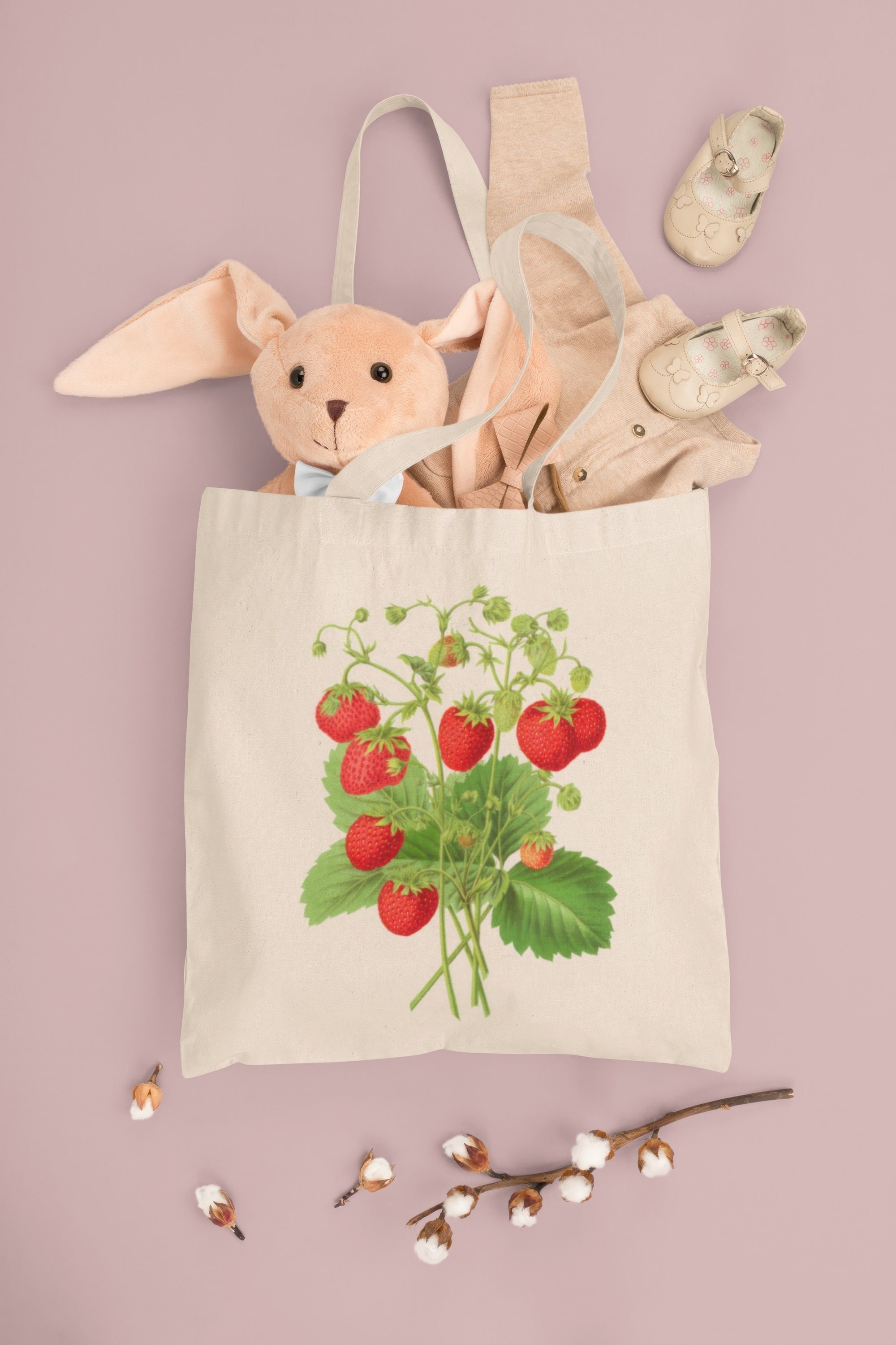Strawberry Tote Bag, Strawberry Canvas Bag, Library Bag, Birthday Gift ...