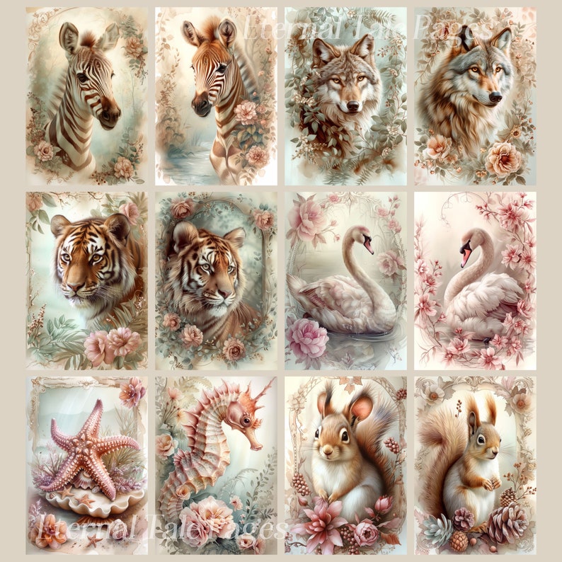 Animals in Frames Pages for Junk Journal, Scrapbooking, Vintage, Floral ...
