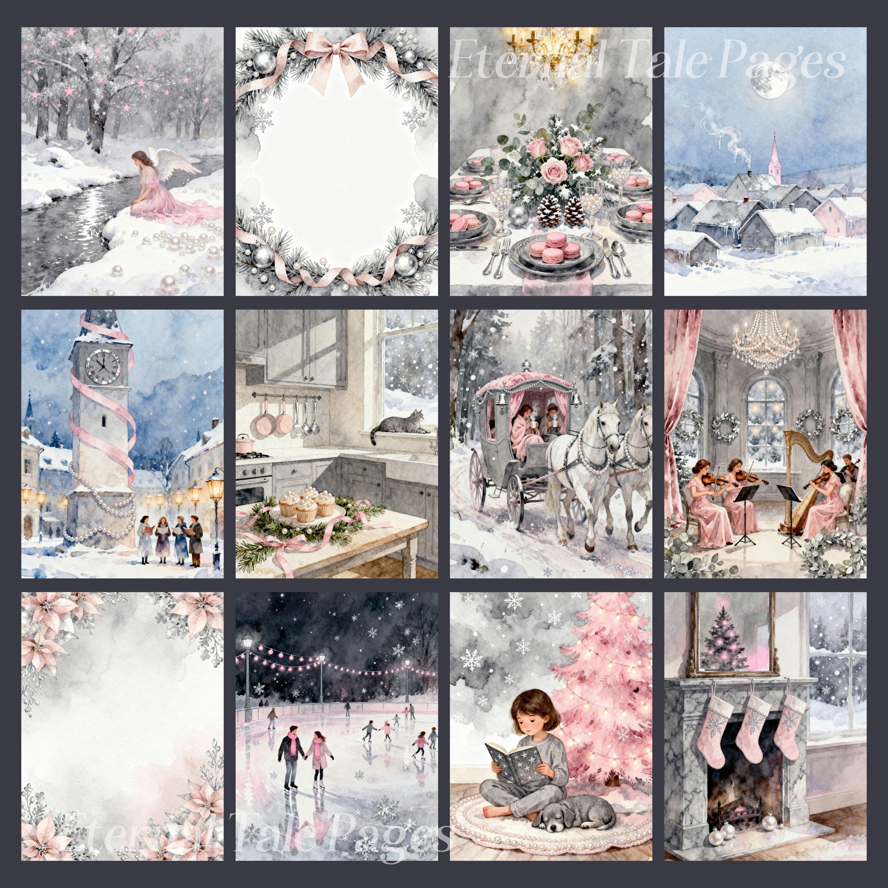 Pink & Silver Christmas Papers, Winter Scenes (digital Download) - Etsy