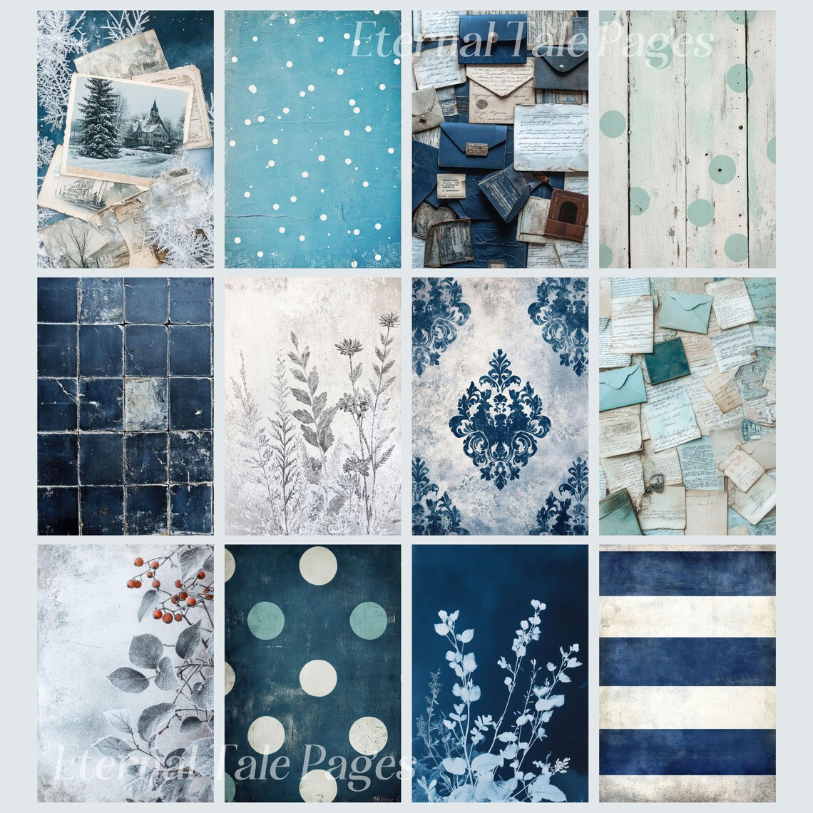 Winter Botanical Digital Paper: Grungy Blue Scrapbook Backgrounds ...