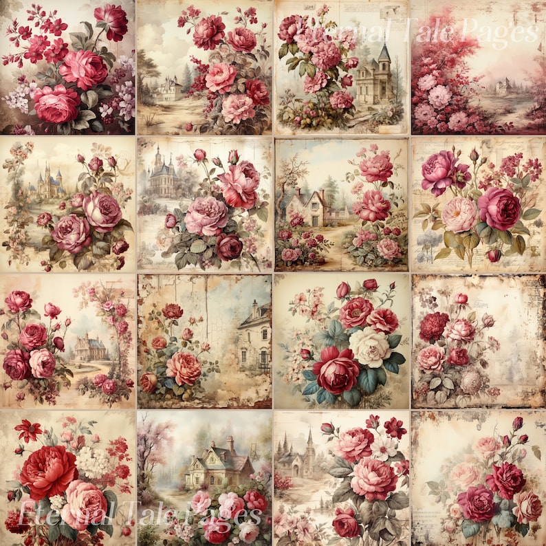 Red Roses Shabby Chic Digital Paper: Vintage Scrapbook Pages (digital ...