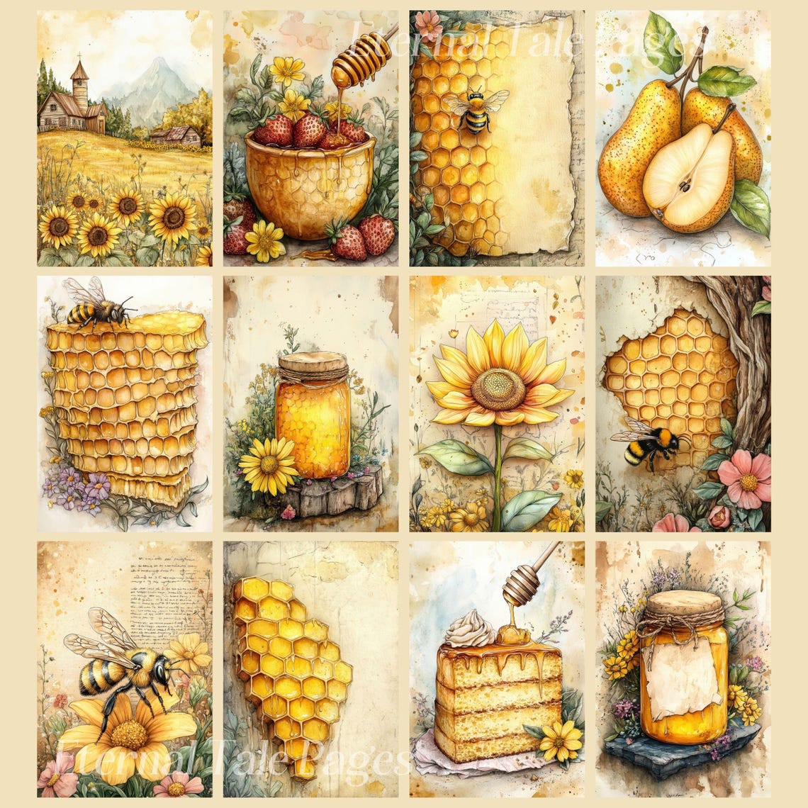 Honey Bee Digital Paper: Vintage Scrapbook Pages, Printable Wall Art ...