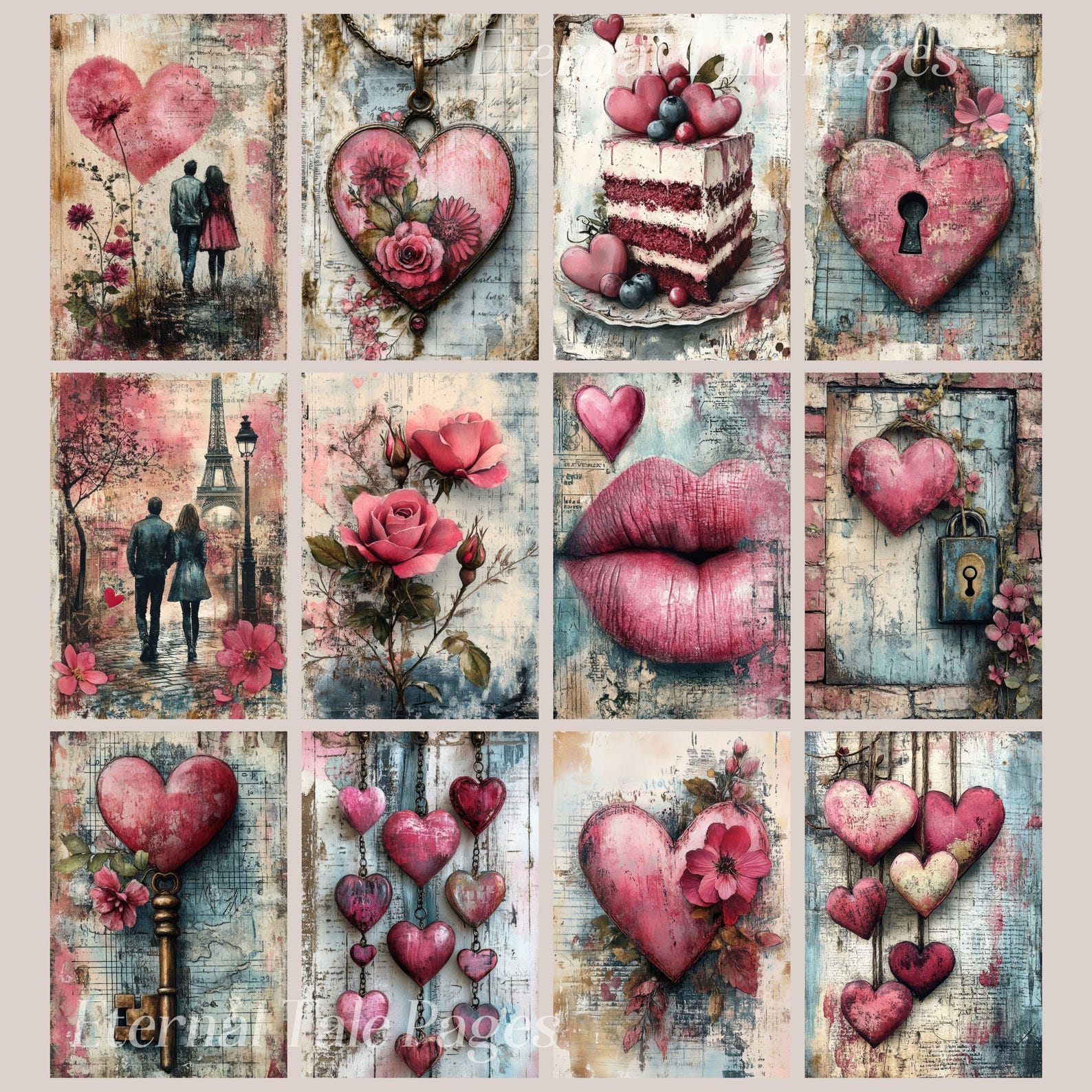 Grunge Love Digital Paper: Valentine Scrapbook Pages (digital Download ...