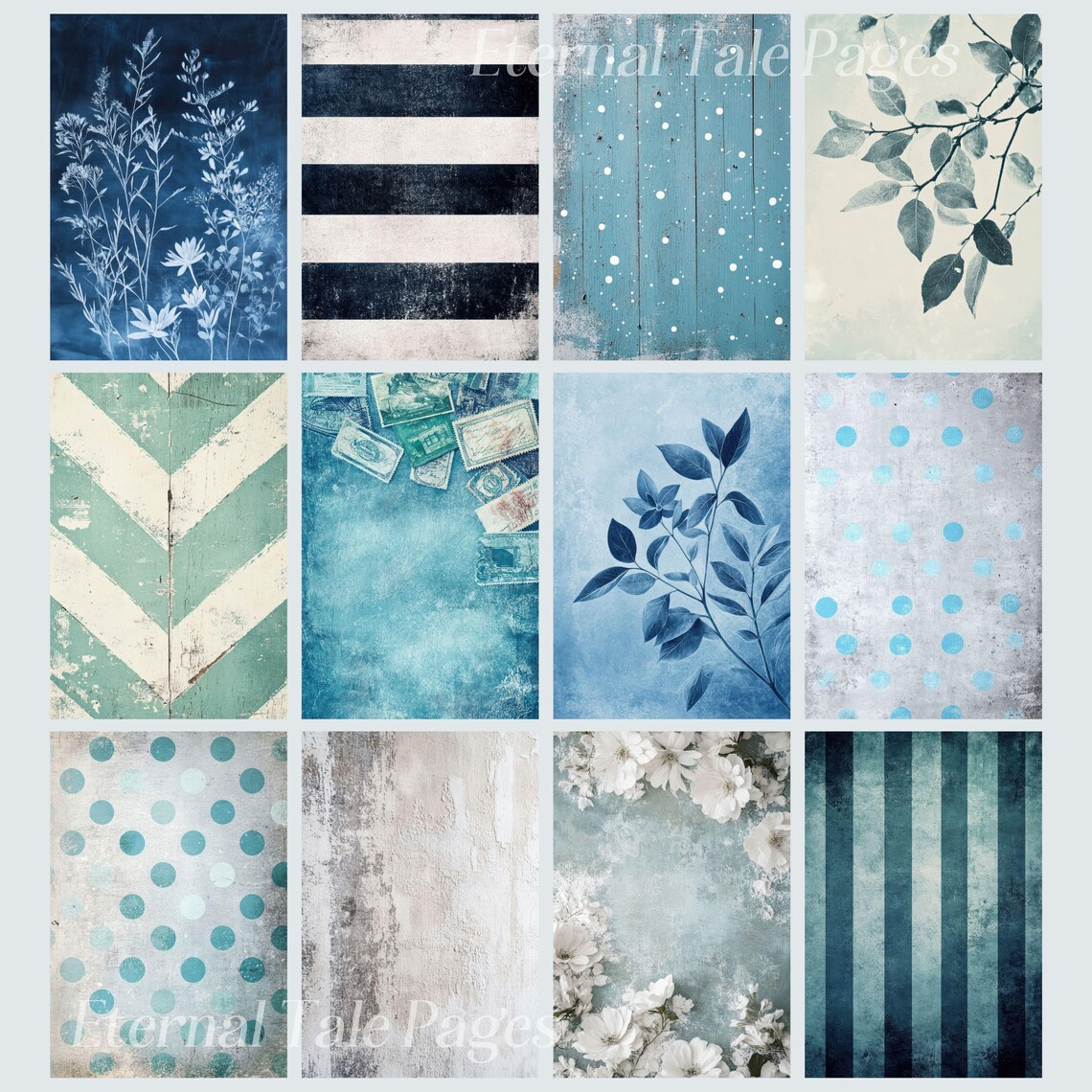 Winter Botanical Digital Paper: Grungy Blue Scrapbook Backgrounds ...
