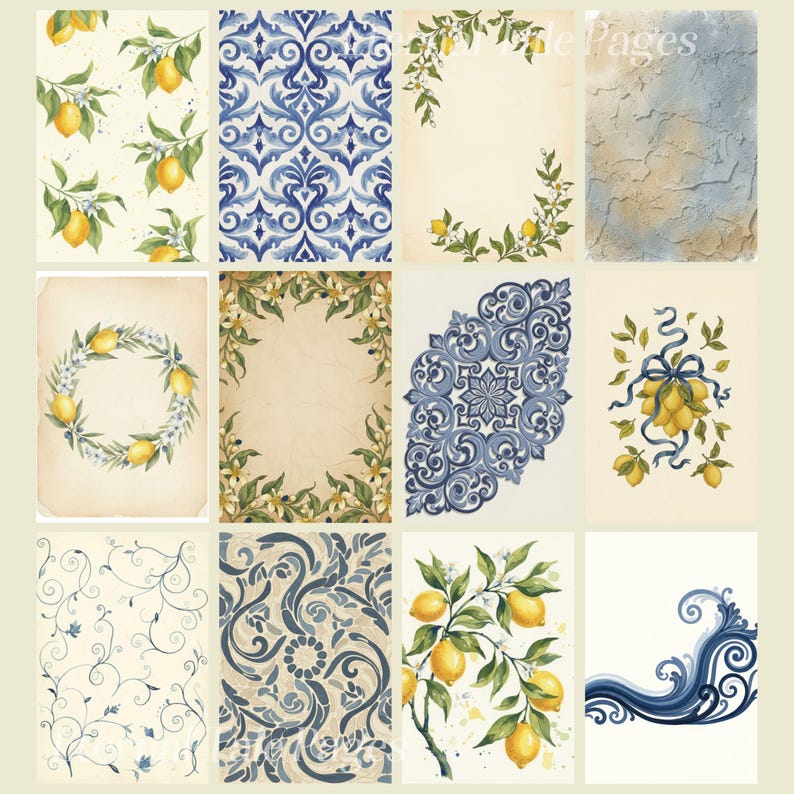 Mediterranean Lemon Digital Paper: Blue Tile Scrapbook (digital ...