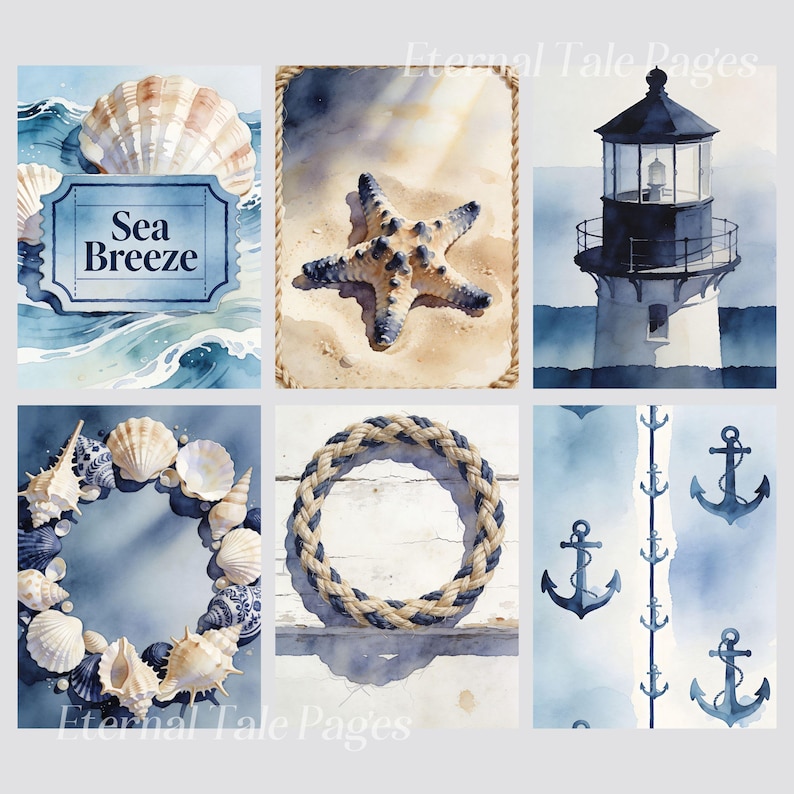 Coastal Nautical Digital Paper, Blue Beach and Lighthouse Backgrounds ...