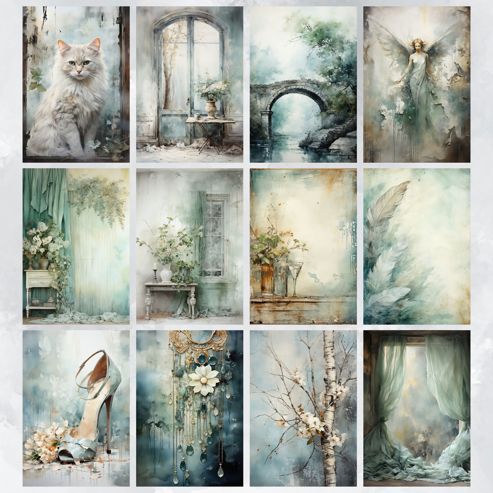 Teal & Gray Junk Journal Pages: Shabby Chic Ephemera (digital Download ...