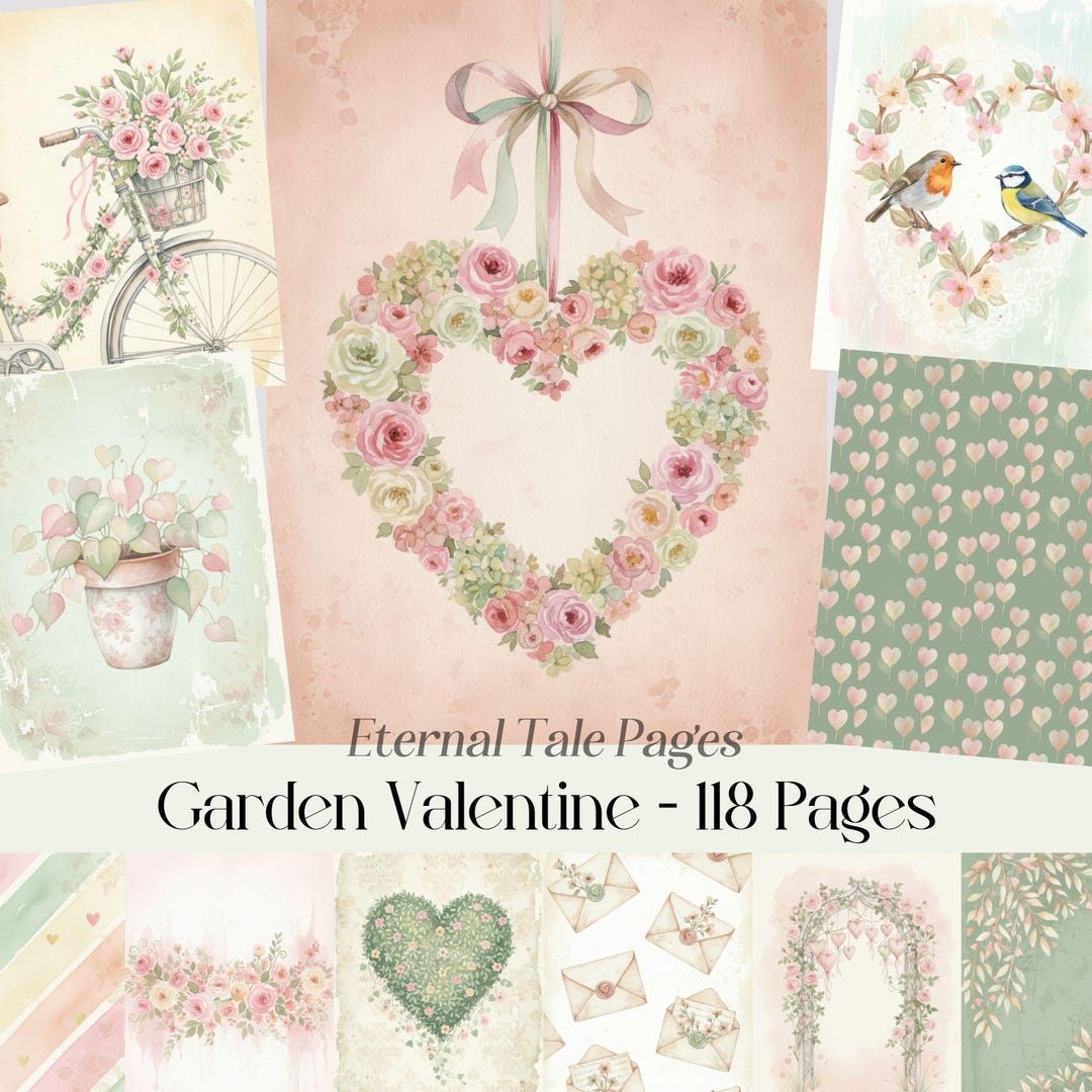 Valentine Garden Digital Papers, Soft Pink and Green Pastel Floral Love ...