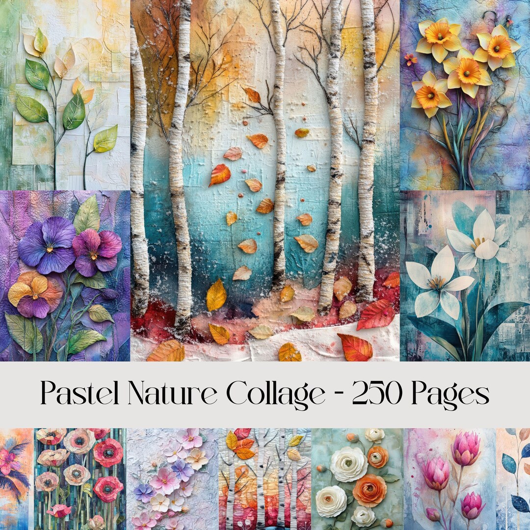 Pastel Nature Collage Pages, Digital Paper, Forest, Leaves, Botanical ...