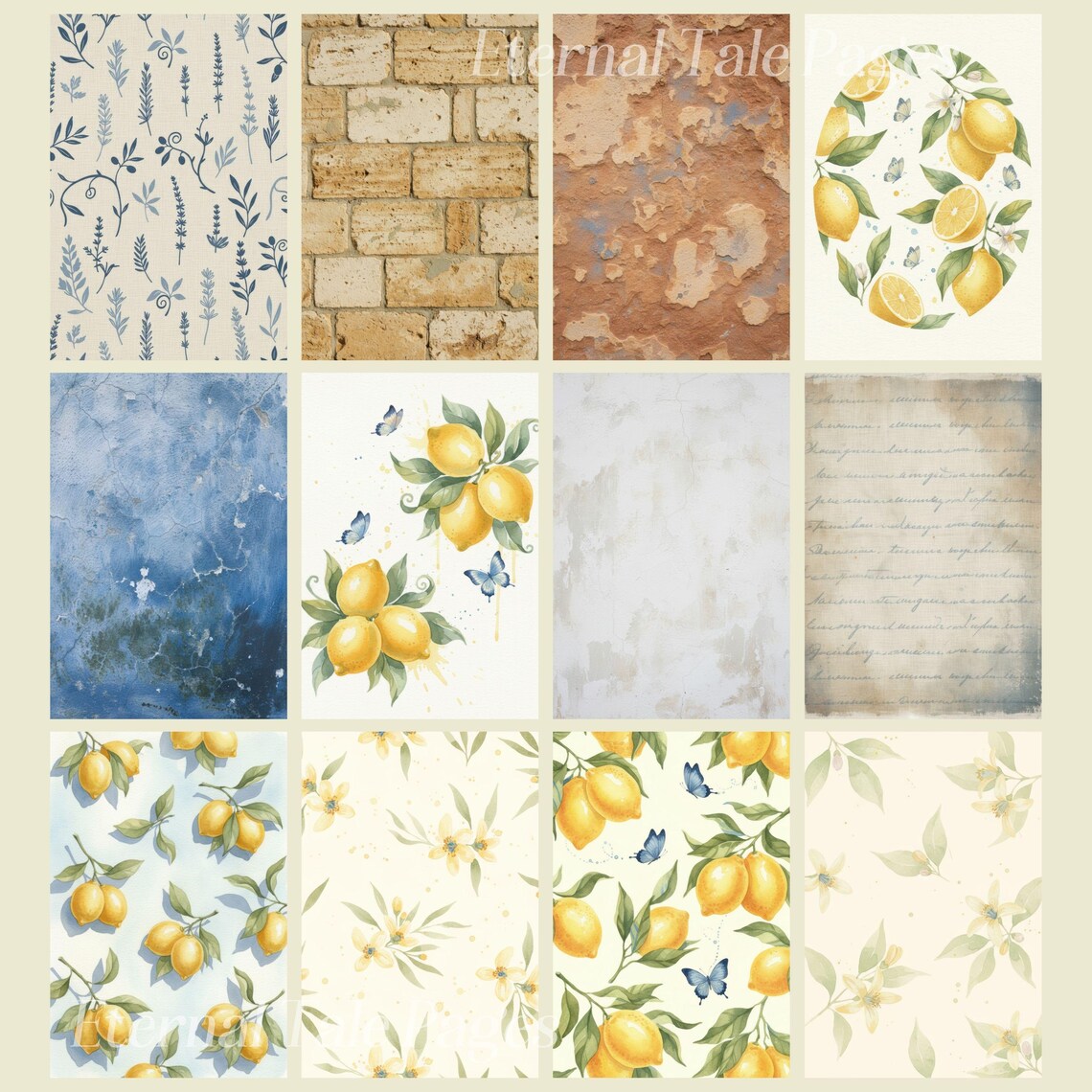Mediterranean Lemon Digital Paper: Blue Tile Scrapbook (digital ...
