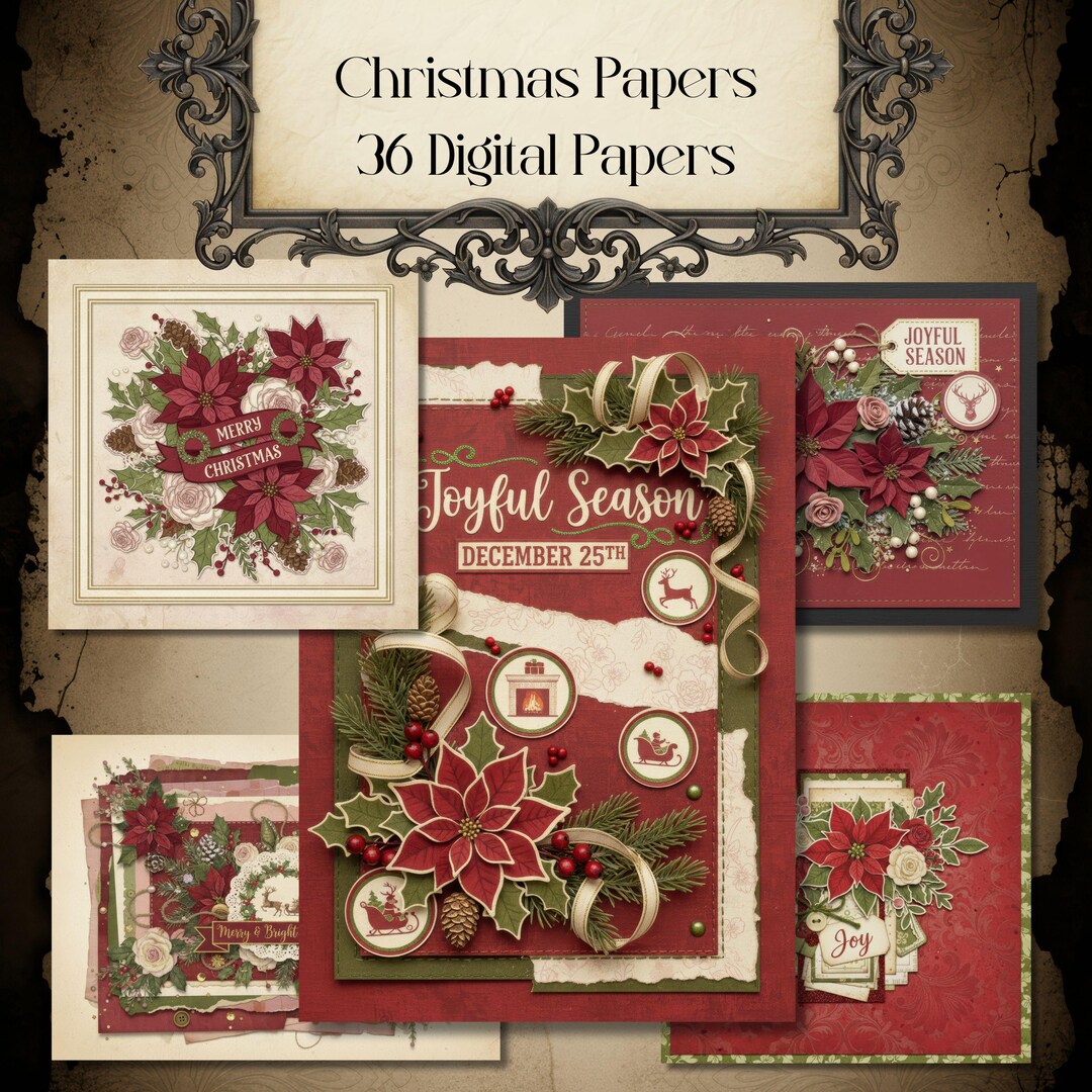 Christmas Poinsettia Digital Paper Pack: Holiday Scrapbook Backgrounds ...