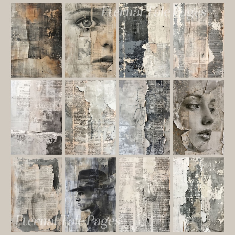 Newspaper Collage: Vintage Textures for Junk Journaling (digital ...