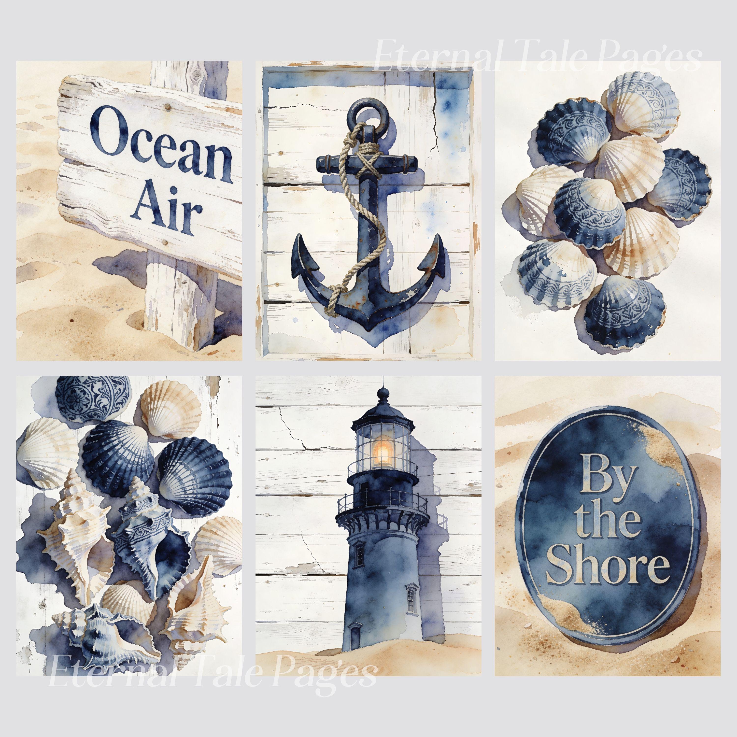 Coastal Nautical Digital Paper, Blue Beach and Lighthouse Backgrounds ...