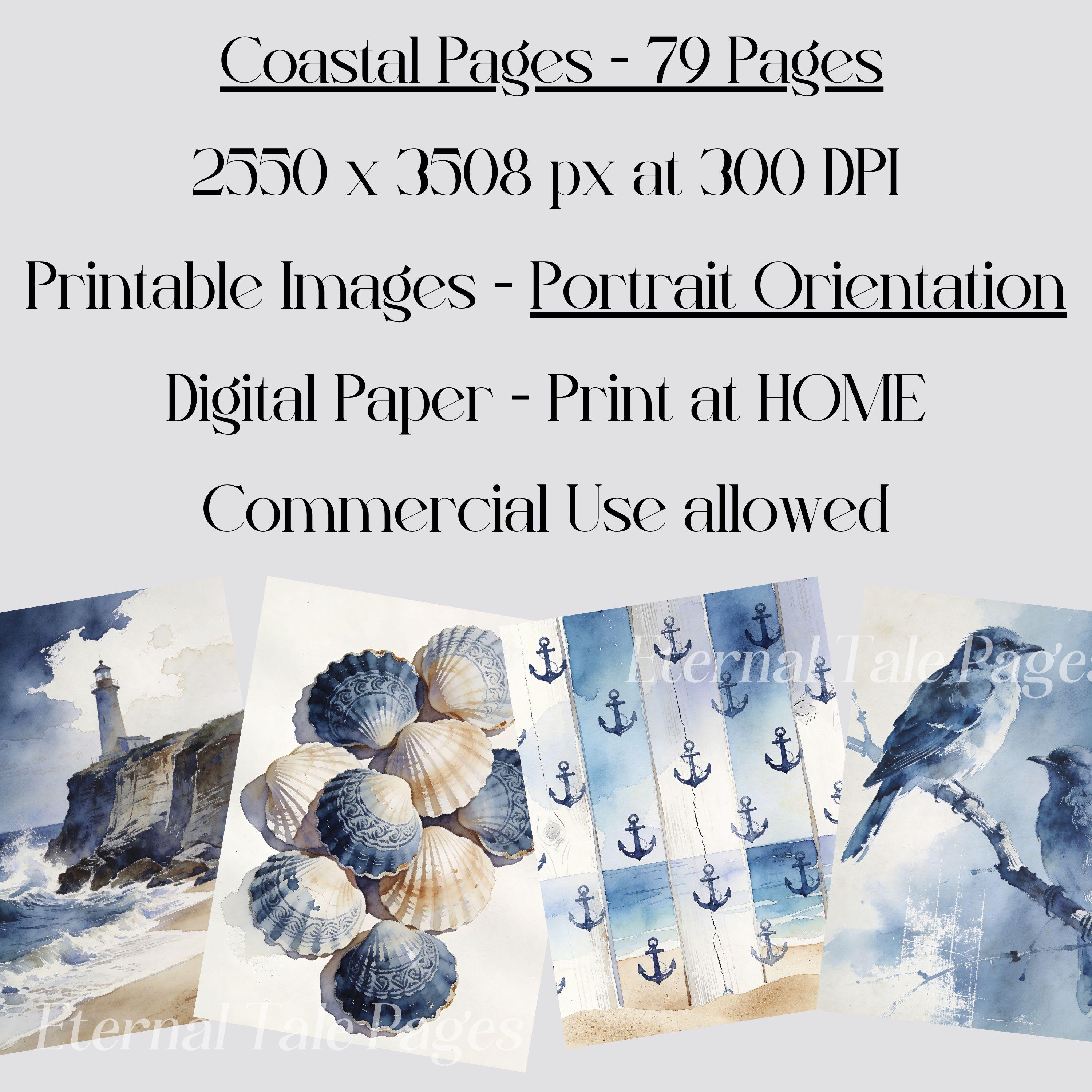 Coastal Nautical Digital Paper, Blue Beach and Lighthouse Backgrounds ...