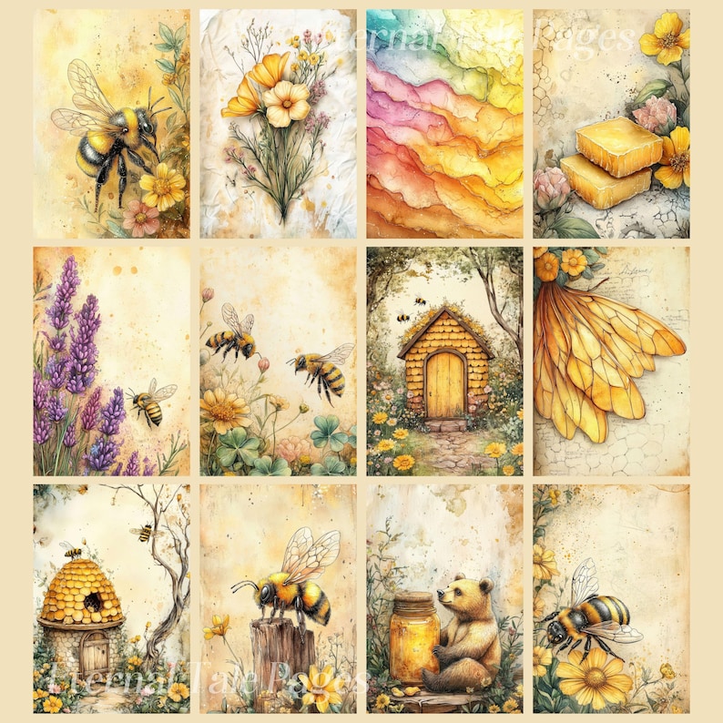 Honey Bee Digital Paper: Vintage Scrapbook Pages, Printable Wall Art ...