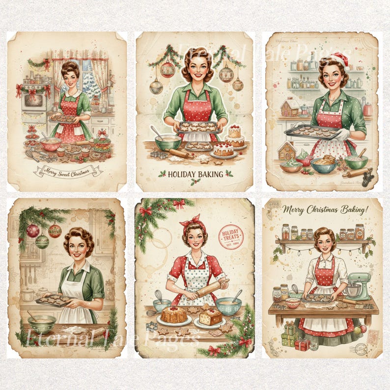 Retro Christmas Baking Digital Paper: Vintage Kitchen Scrapbook ...