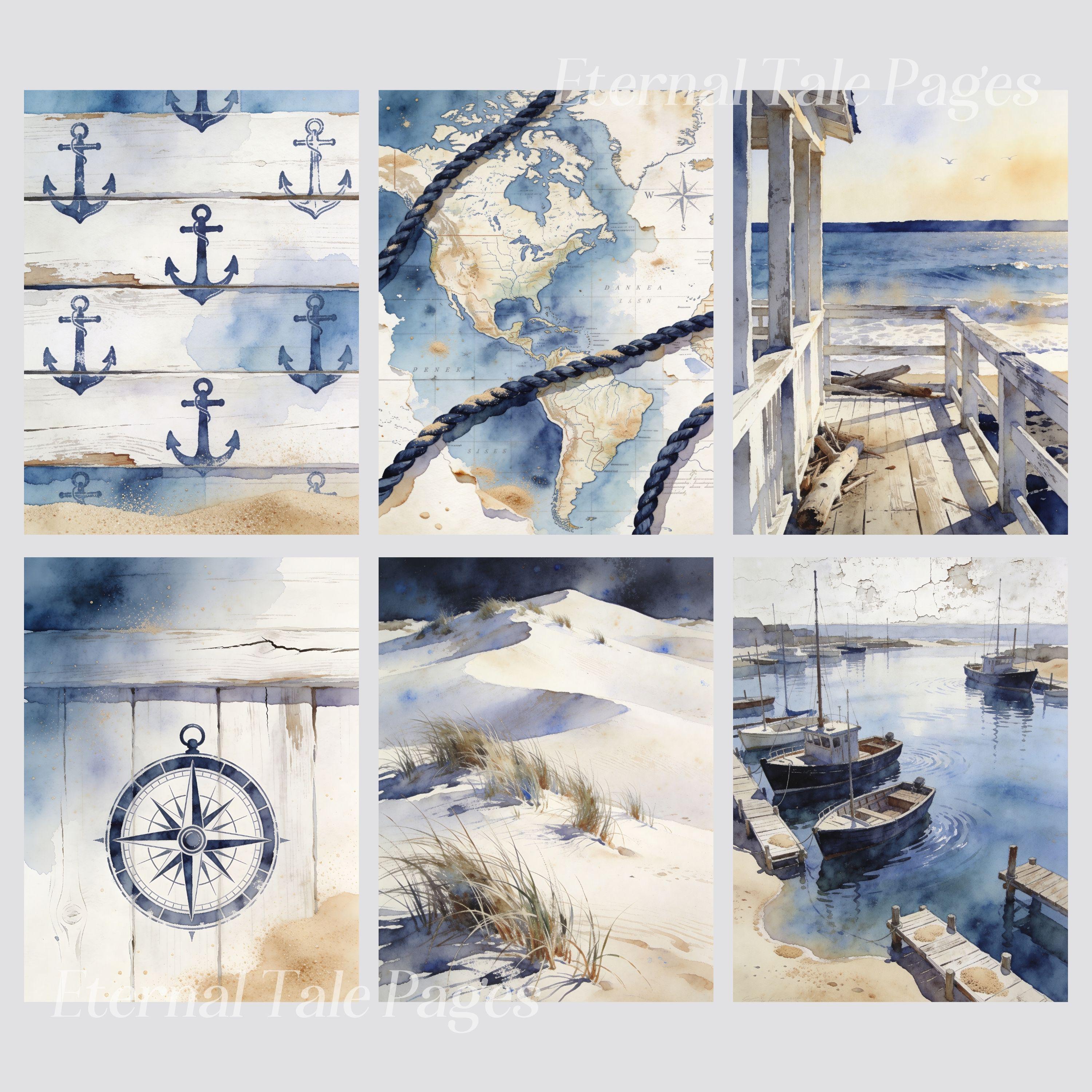 Coastal Nautical Digital Paper, Blue Beach and Lighthouse Backgrounds ...