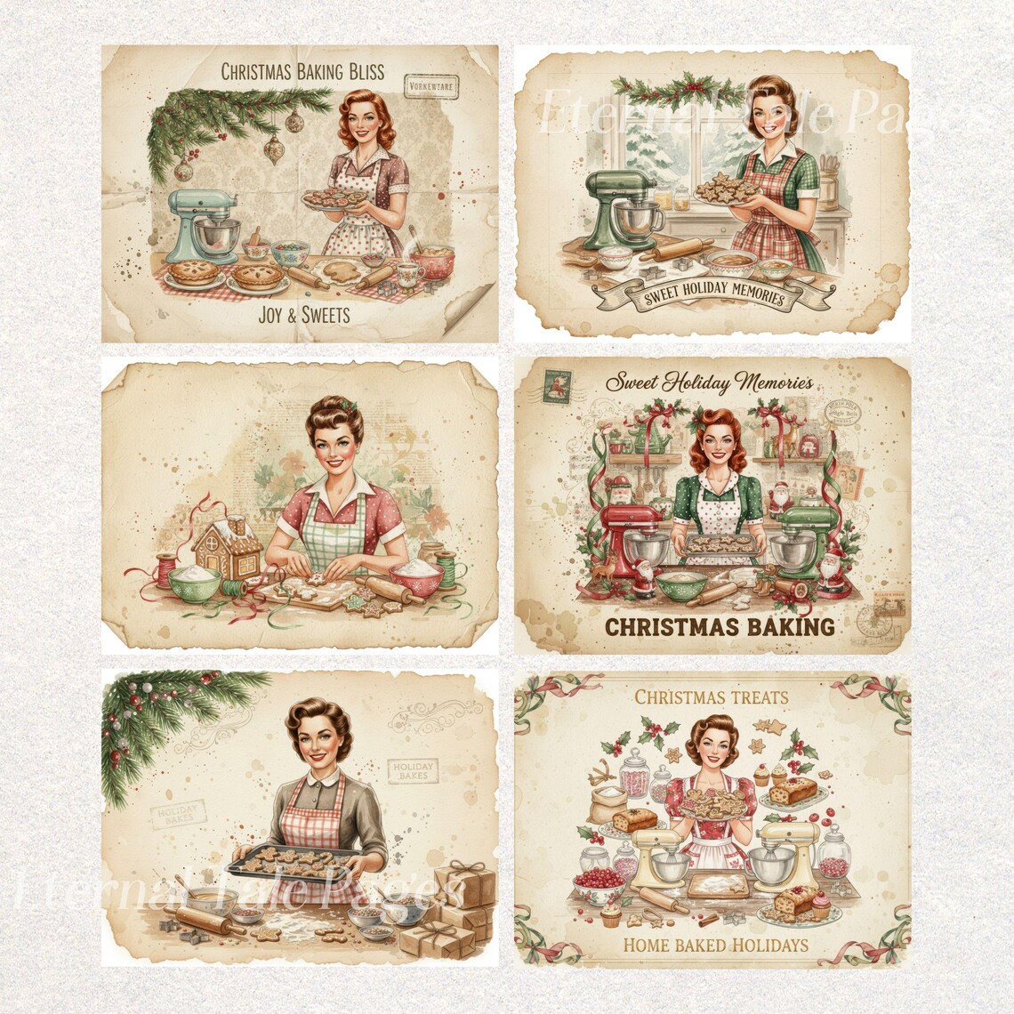 Retro Christmas Baking Digital Paper: Vintage Kitchen Scrapbook ...