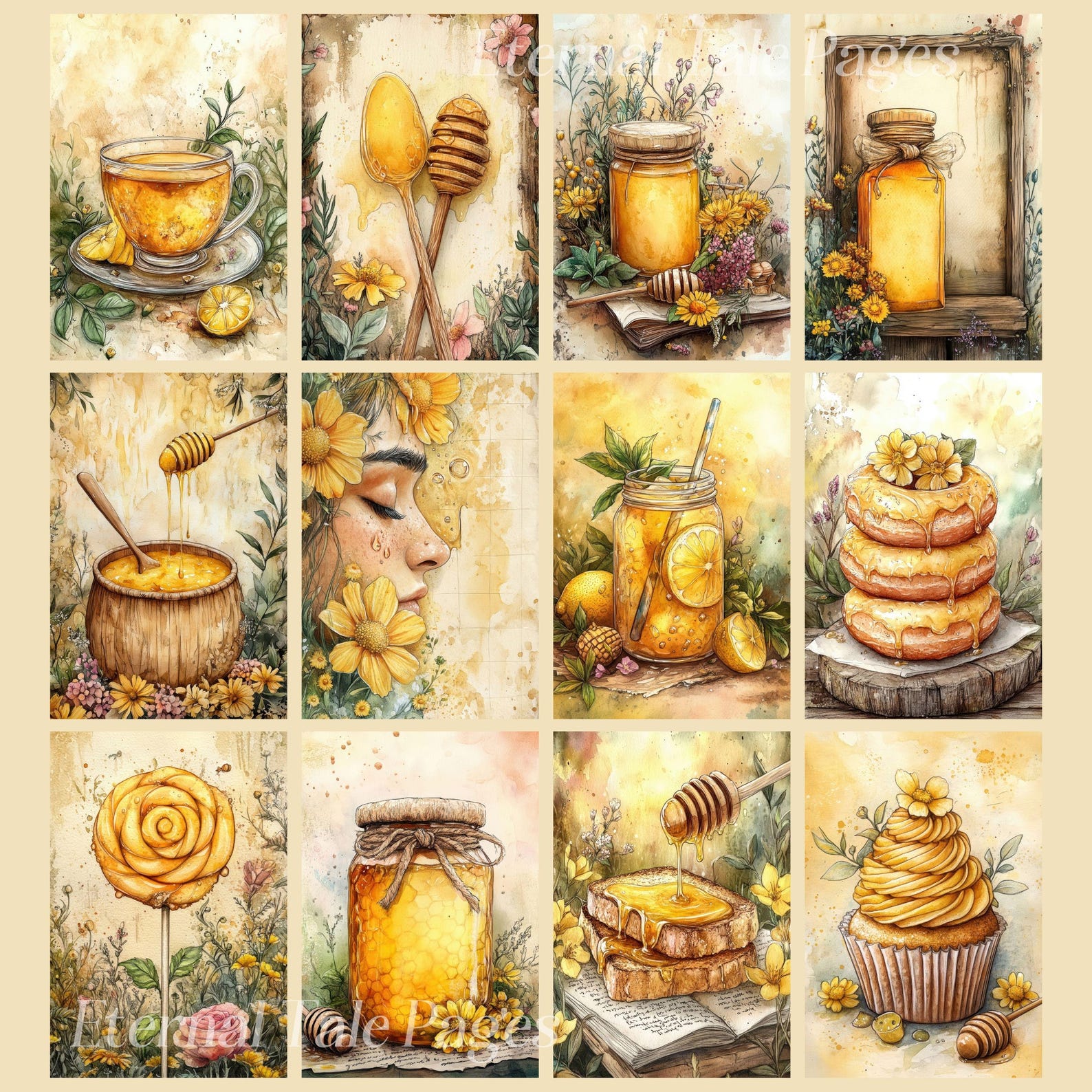 Honey Bee Digital Paper: Vintage Scrapbook Pages, Printable Wall Art ...