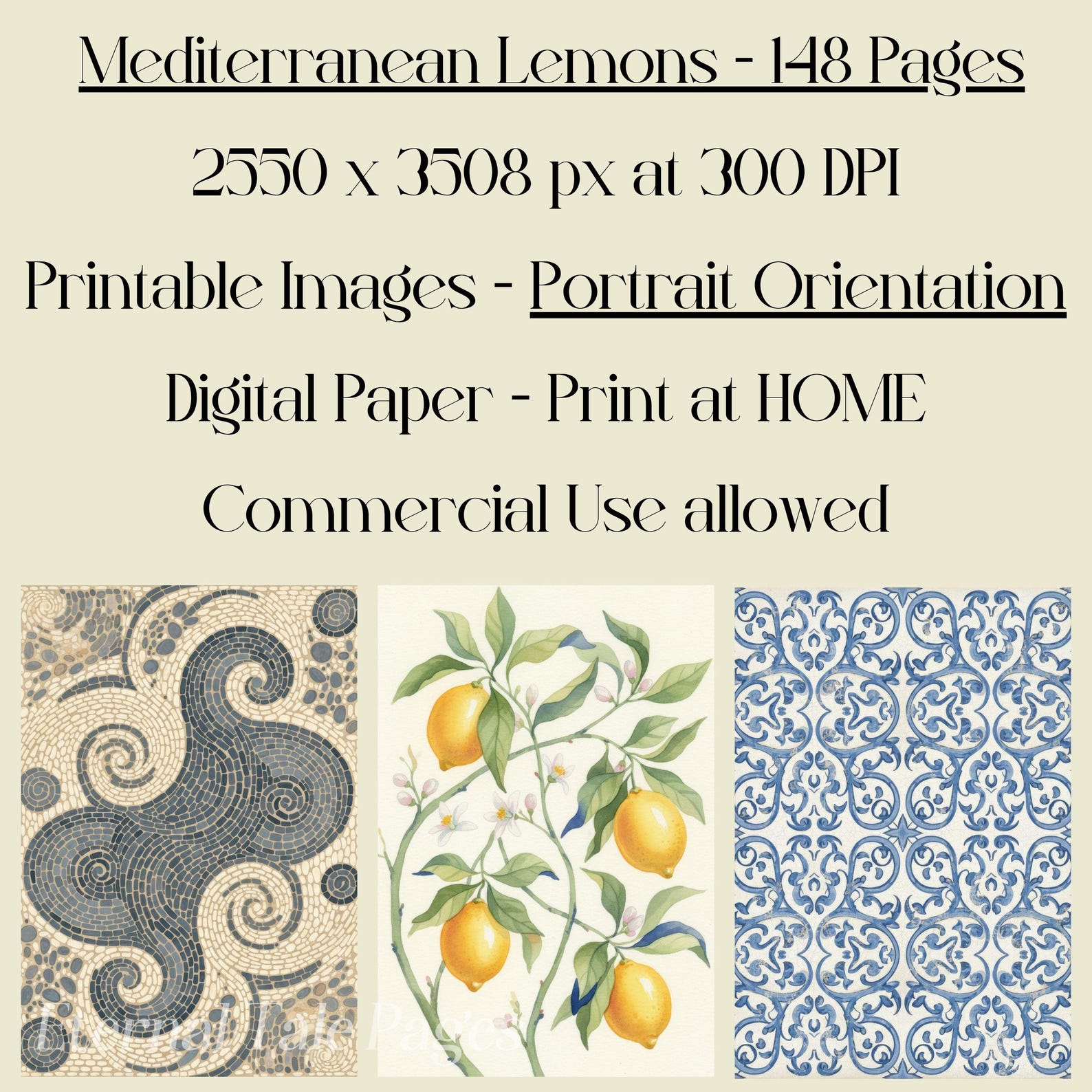 Mediterranean Lemon Digital Paper: Blue Tile Scrapbook (digital ...