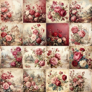 Red Roses Shabby Chic Digital Paper: Vintage Scrapbook Pages (digital ...