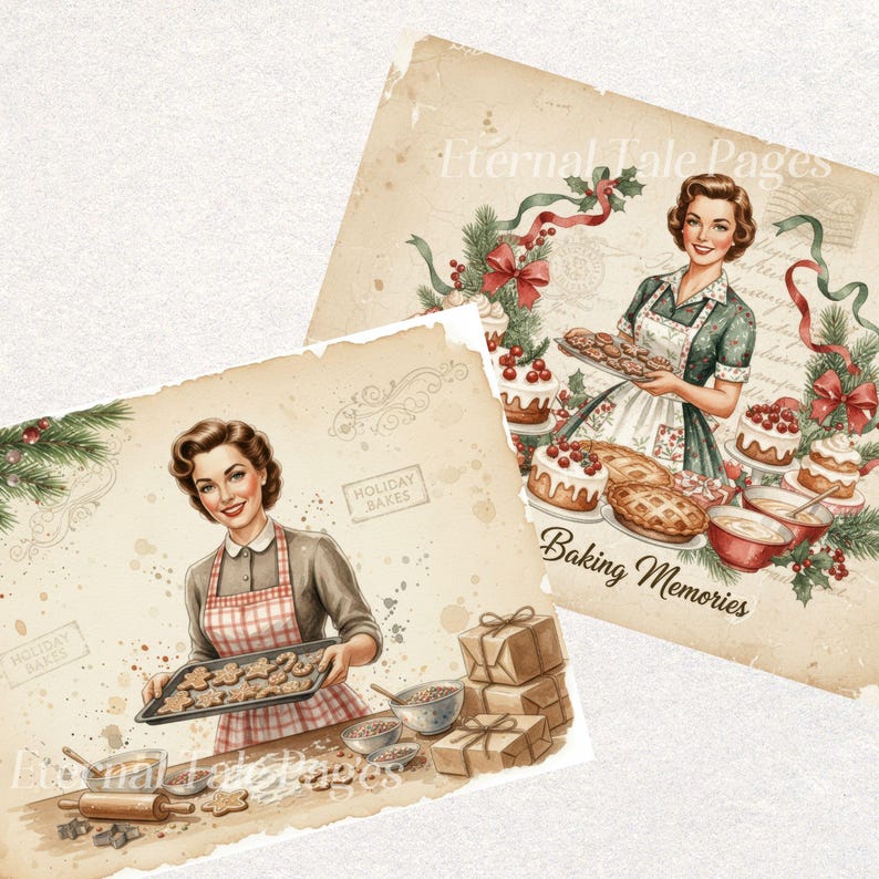 Retro Christmas Baking Digital Paper: Vintage Kitchen Scrapbook ...