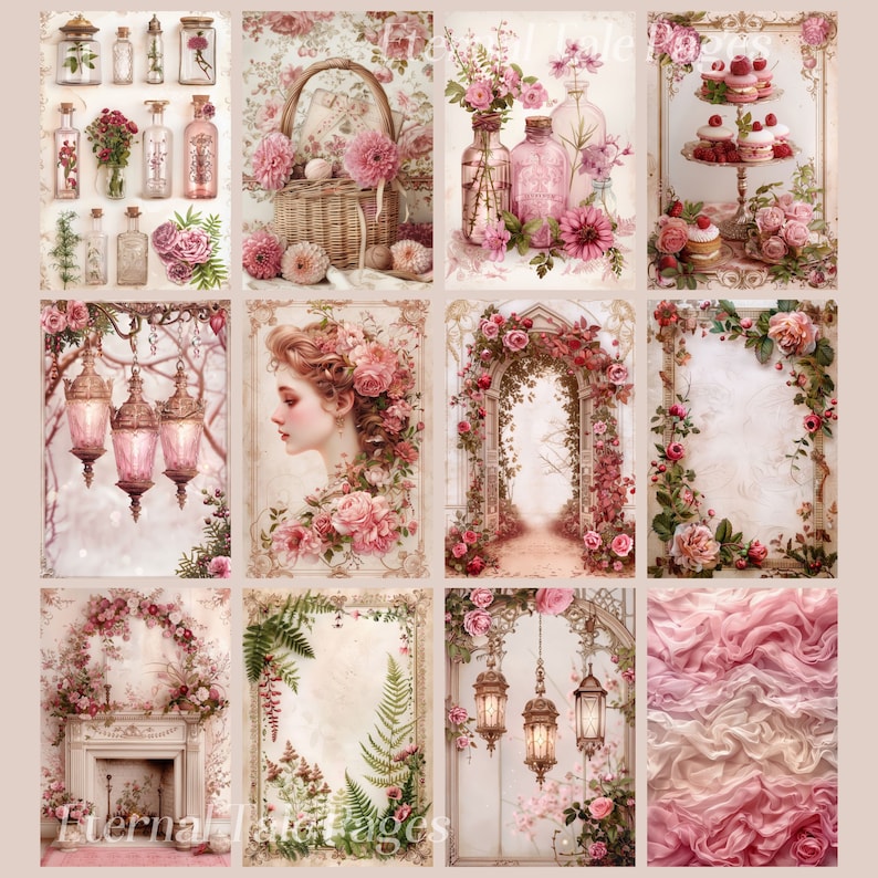Pink Roses Digital Paper: Vintage Ephemera for Junk Journals (digital ...