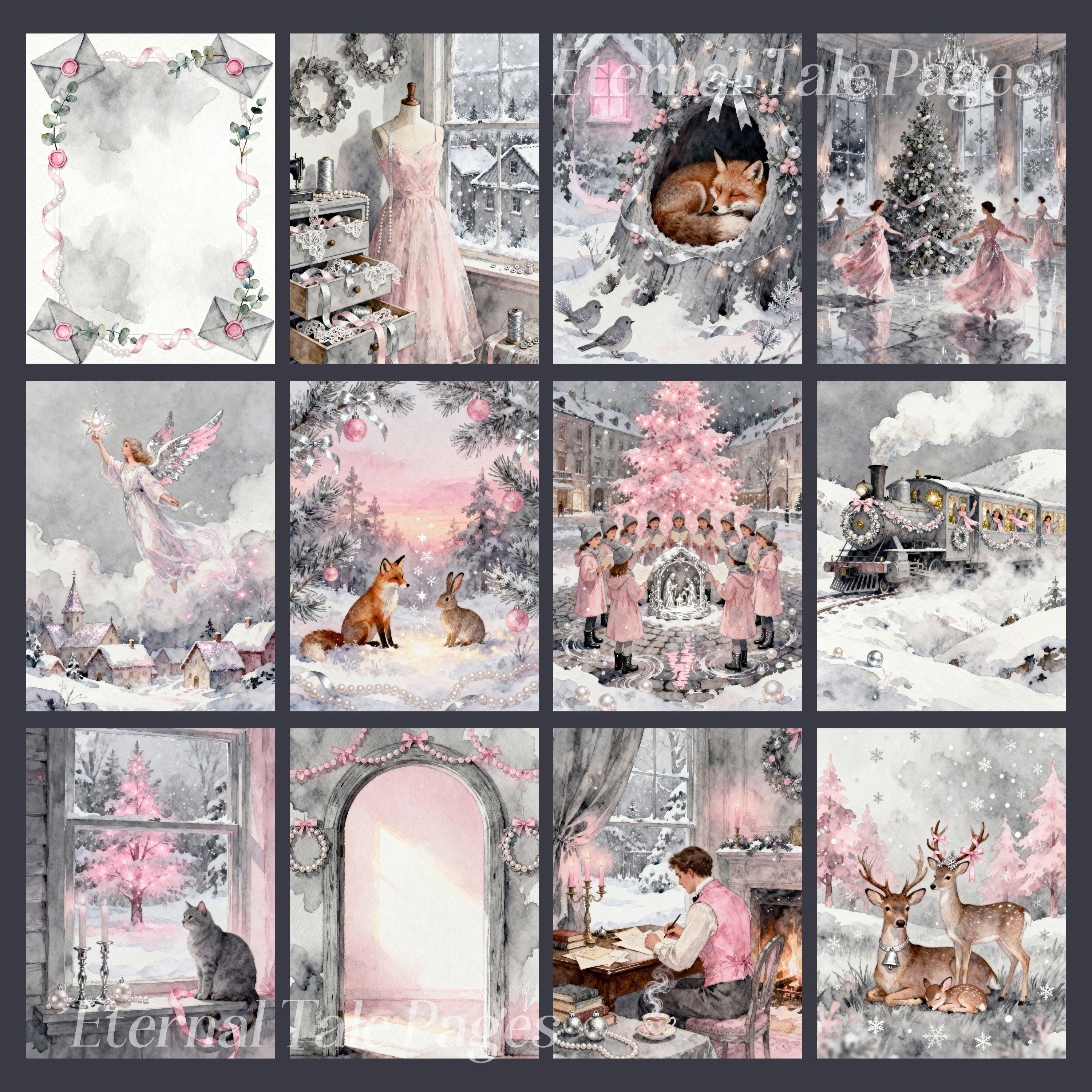 Pink & Silver Christmas Papers, Winter Scenes (digital Download) - Etsy