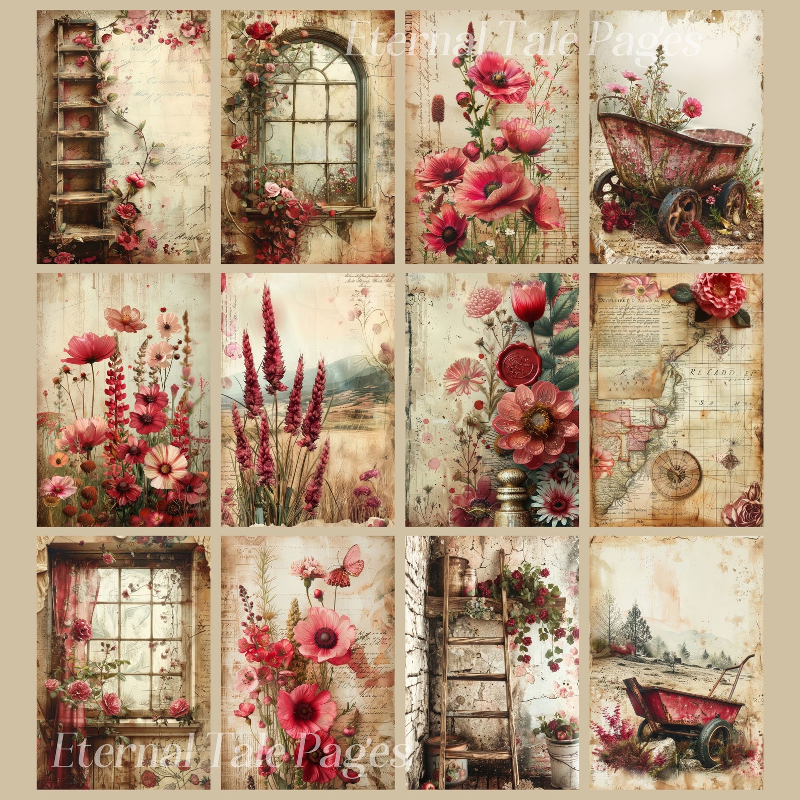 Red Vintage Scrapbook Paper: Rustic Ephemera Collage (digital Download ...