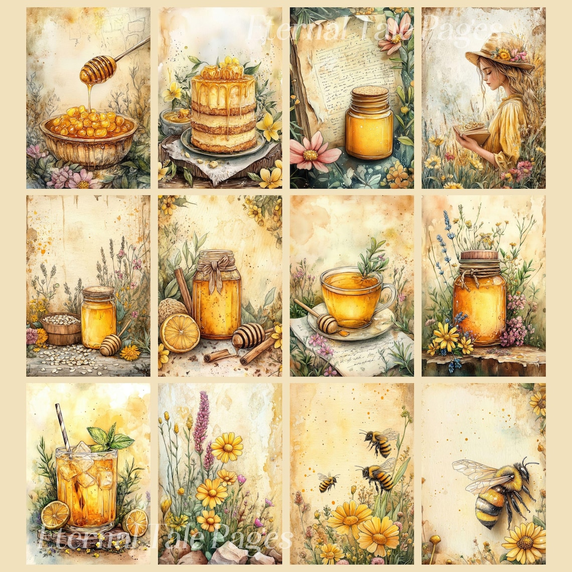 Honey Bee Digital Paper: Vintage Scrapbook Pages, Printable Wall Art ...