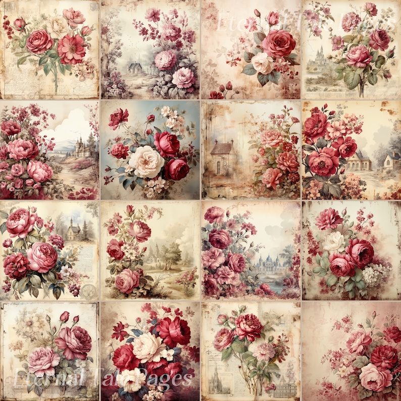 Red Roses Shabby Chic Digital Paper: Vintage Scrapbook Pages (digital ...