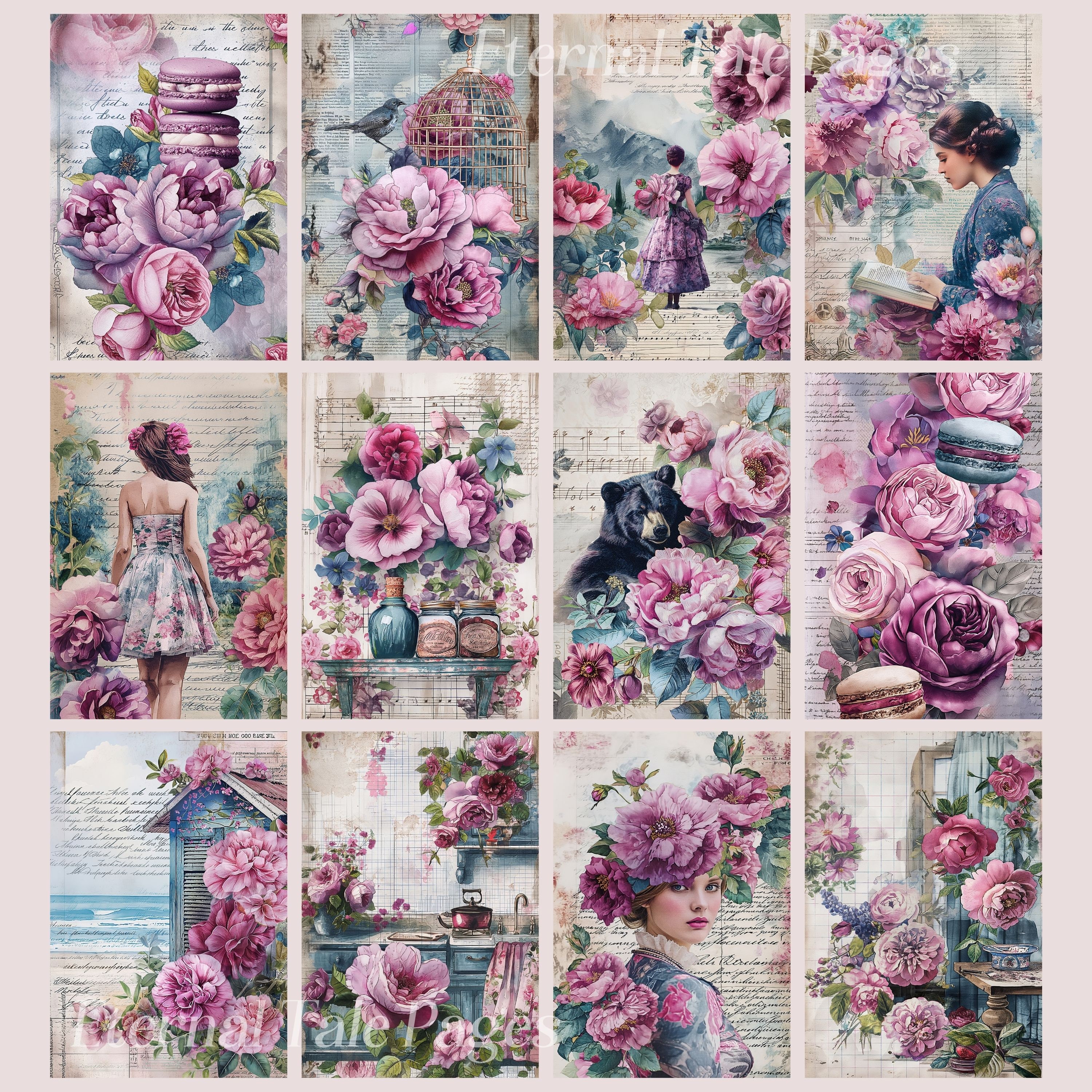 Pink Floral Collage Paper, Vintage Peonies Roses Ephemera (digital ...
