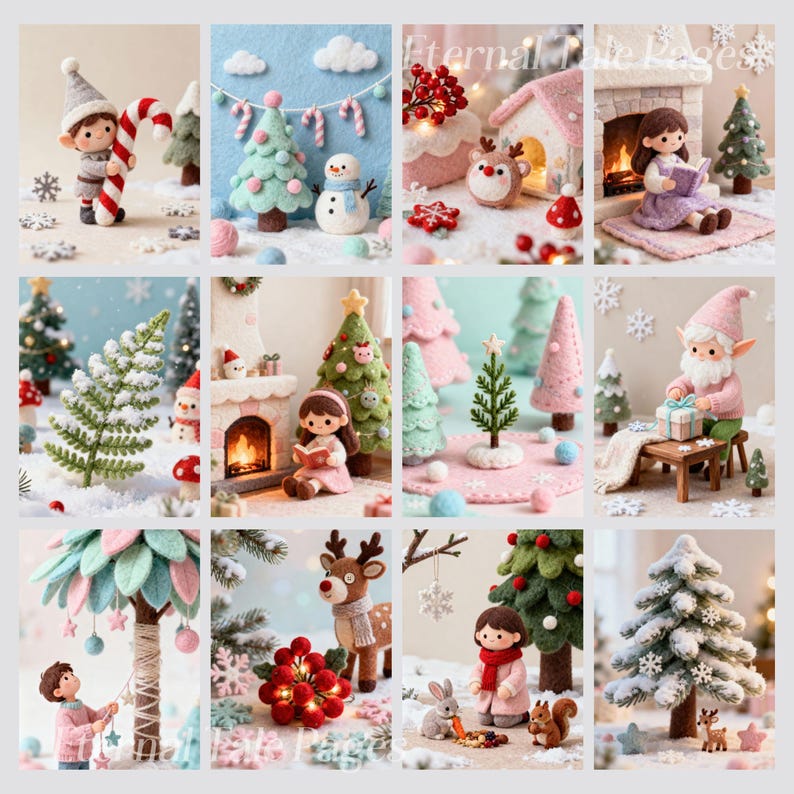 Felt Christmas Scenes Digital Paper, Pastel Winter Designs (digital ...