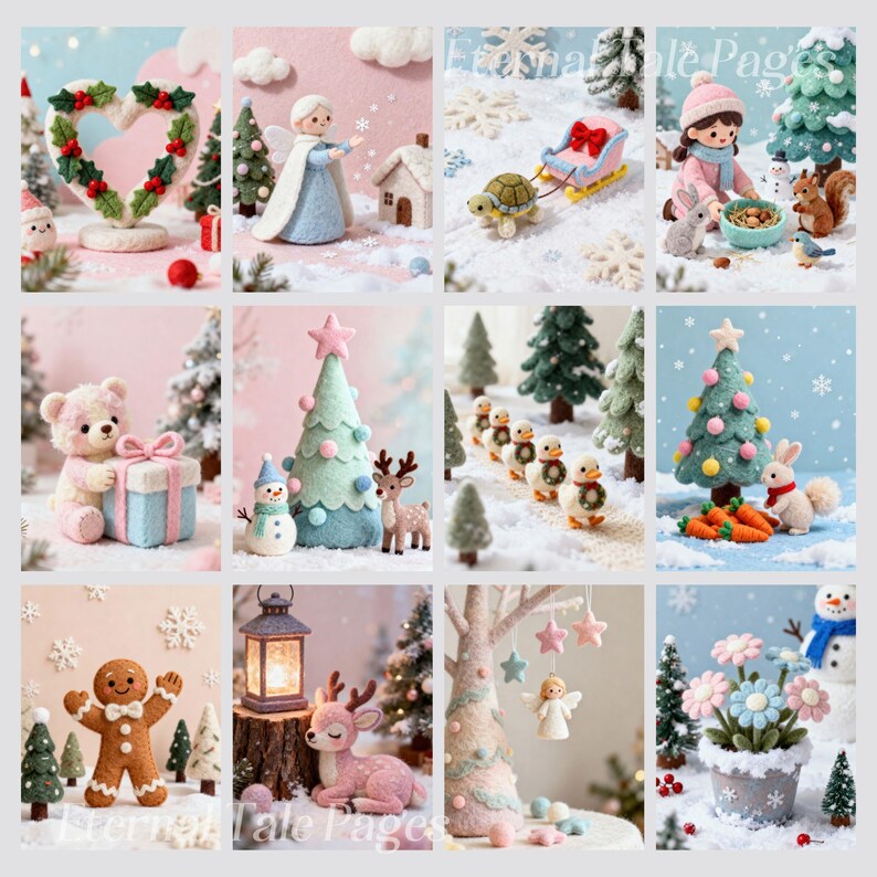 Felt Christmas Scenes Digital Paper, Pastel Winter Designs (digital ...