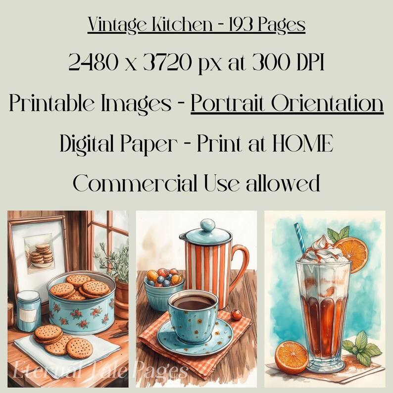 Vintage Kitchen Digital Paper: Retro Food & Recipe Images (digital ...