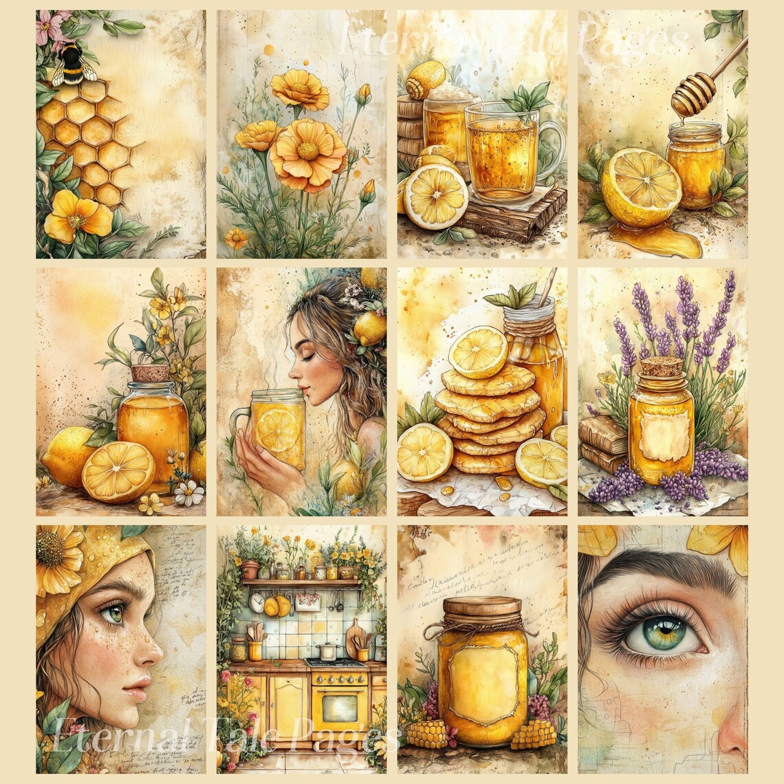 Honey Bee Digital Paper: Vintage Scrapbook Pages, Printable Wall Art ...