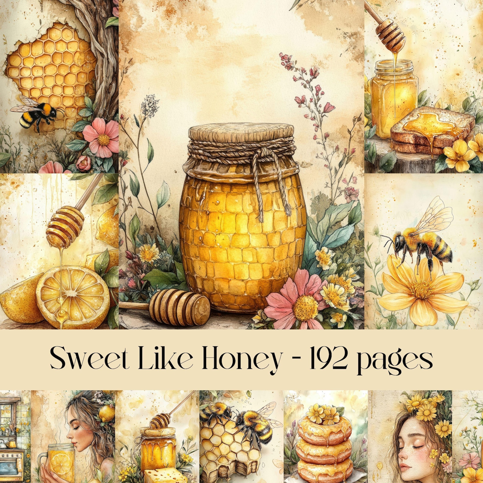 Honey Bee Digital Paper: Vintage Scrapbook Pages, Printable Wall Art ...