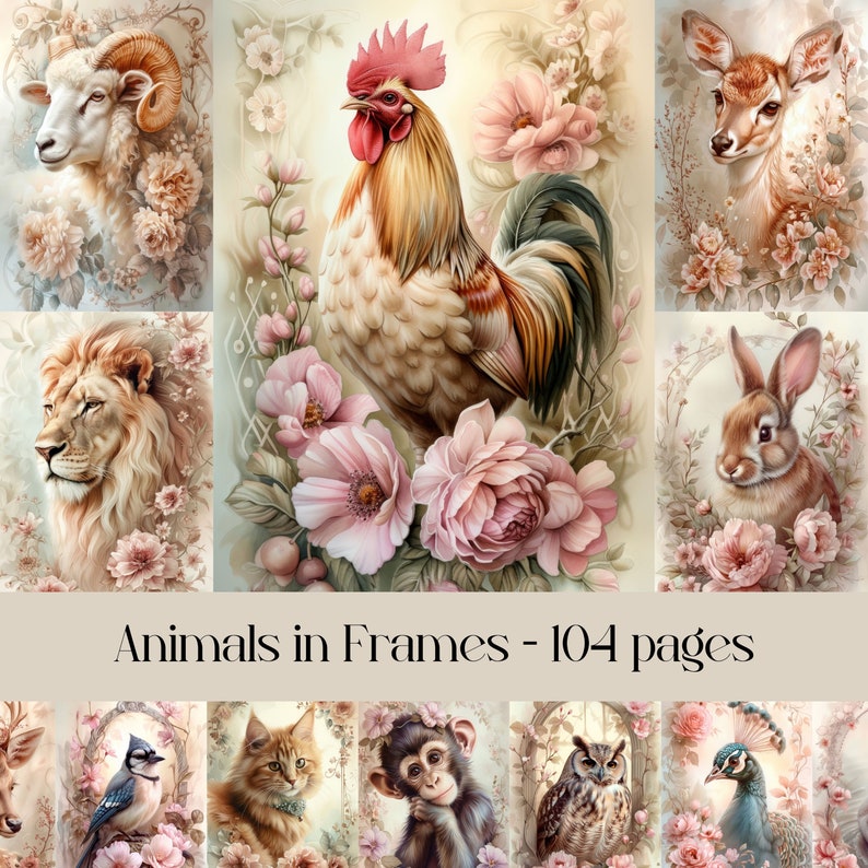 Animals in Frames Pages for Junk Journal, Scrapbooking, Vintage, Floral ...
