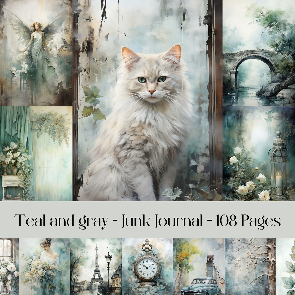 Teal & Gray Junk Journal Pages: Shabby Chic Ephemera (digital Download ...