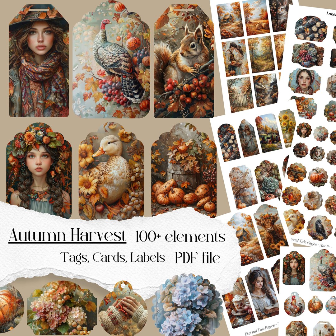 Autumn Harvest Tags and Labels Kit, Junk Journal, Scrapbook, Fall ...