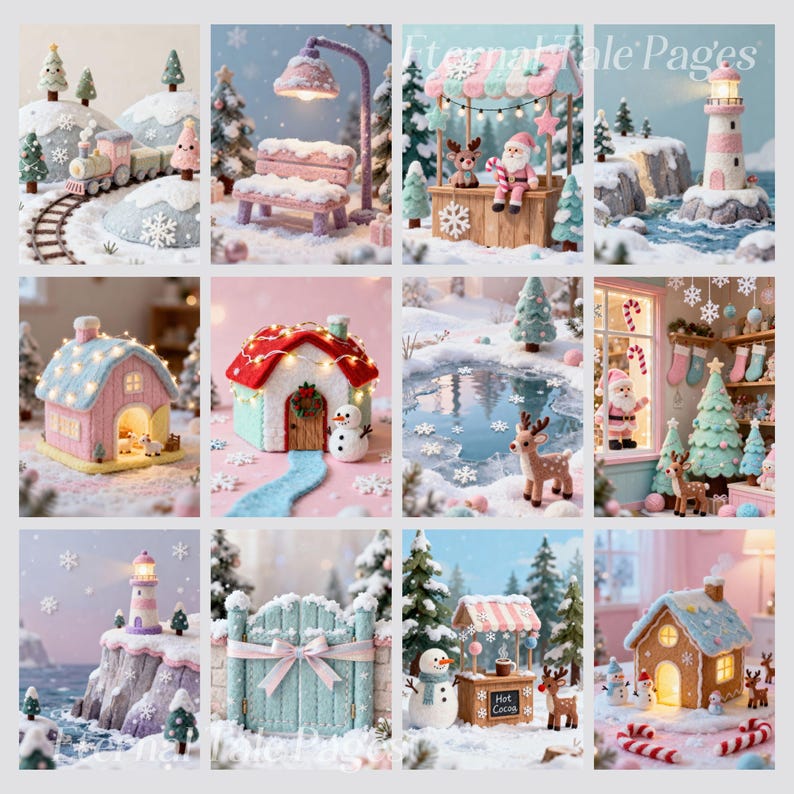 Felt Christmas Scenes Digital Paper, Pastel Winter Designs (digital ...