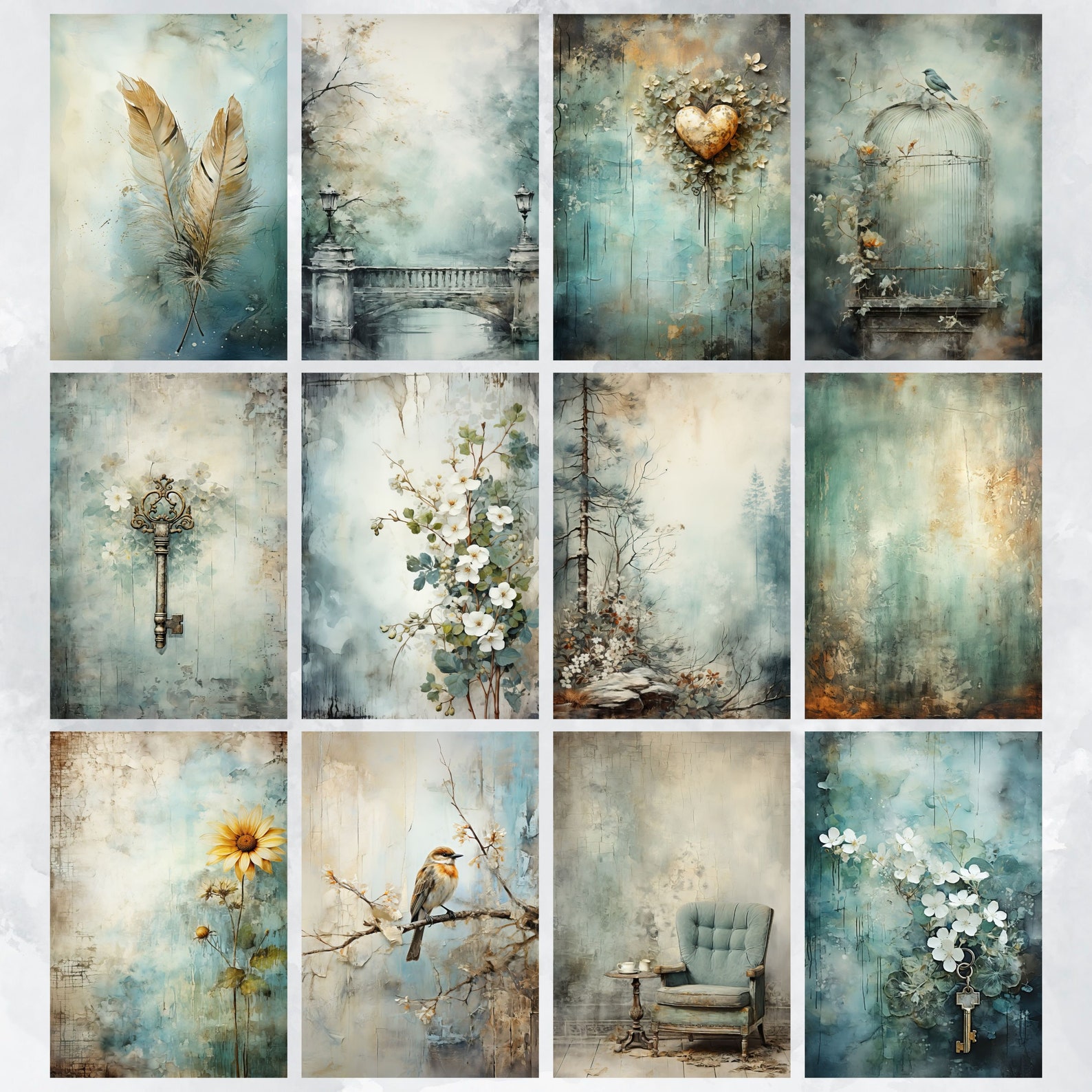 Teal & Gray Junk Journal Pages: Shabby Chic Ephemera (digital Download ...